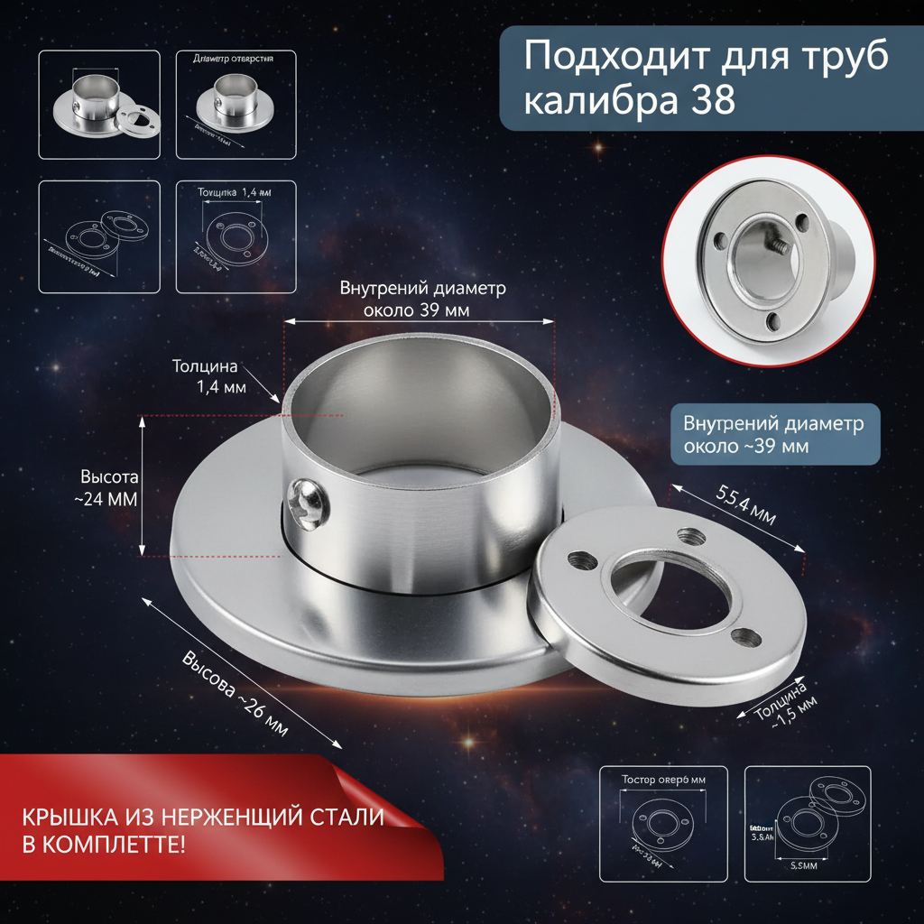 Фланец для трубы 38 мм, 2 шт, нержавеющая сталь, крепление для стойки, опора для трубы, фланцевая муфта