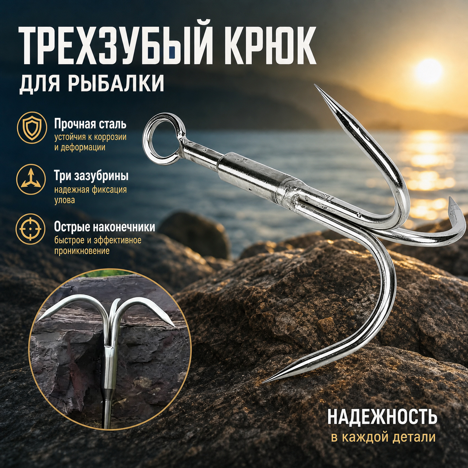 Трехлапый якорь-кошка из высокопрочной нержавеющей стали, для удаления травы со дна и поиска затонувших снастей, надёжный коррозионно-устойчивый крюк для рыбалки и подводной охоты (Длина: 150 мм)
