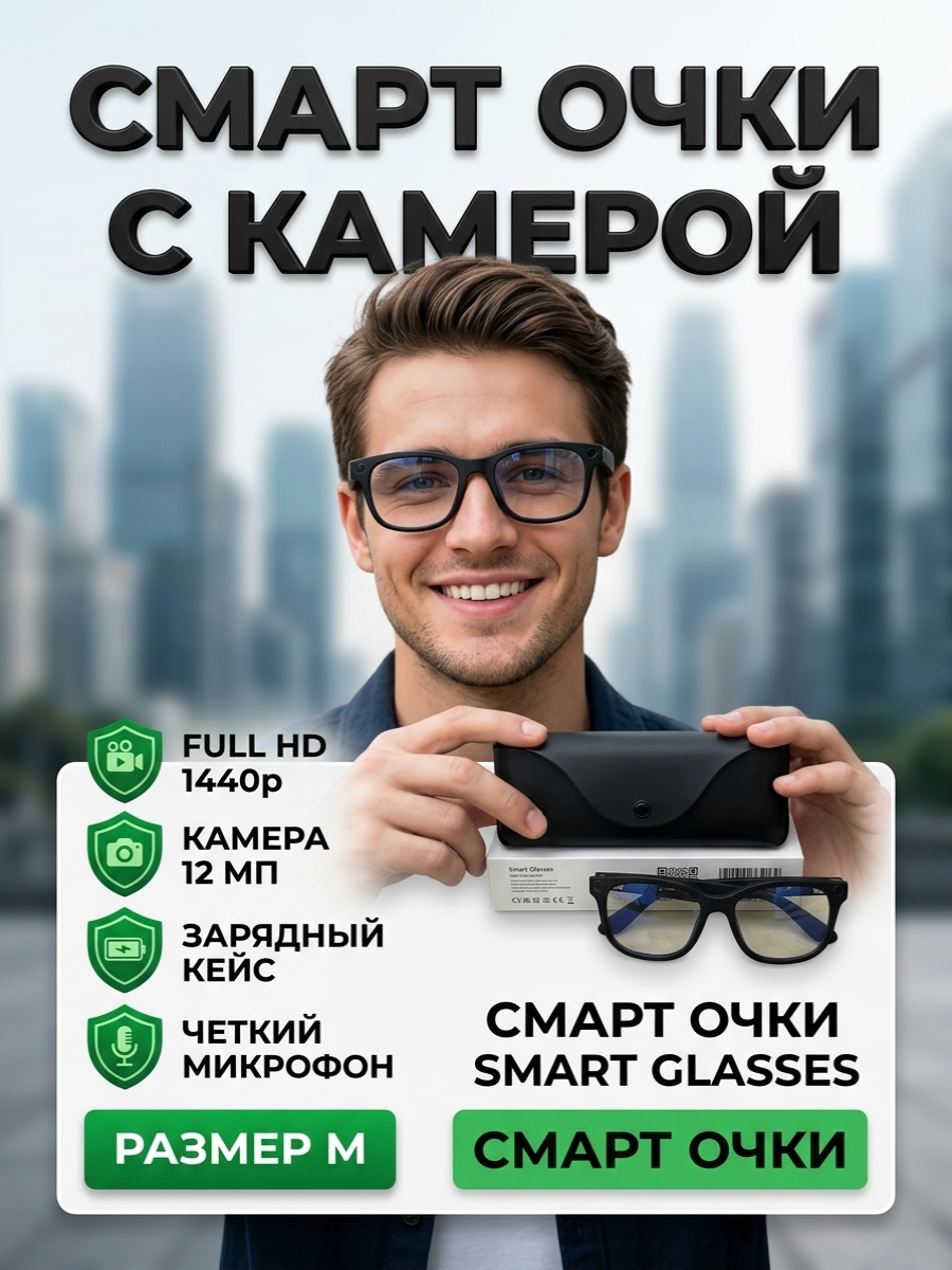 Умные очки, с камерой и зарядным боксом, Bluetooth/Wi-Fi, Full HD 1080p, черный