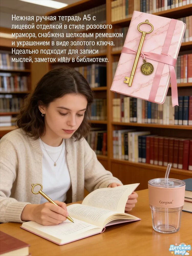 Блокнот А6, 40 листов, Светло-розовый, подарочный женский набор с ежедневником, стаканом и ручкой — фото 1