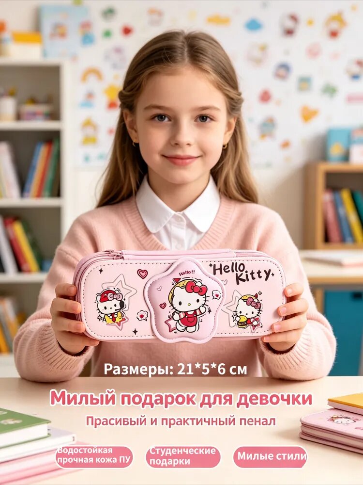 Милый розовый пенал Hello Kitty для девочек, размеры 21*5*6 см, из искусственной кожи
