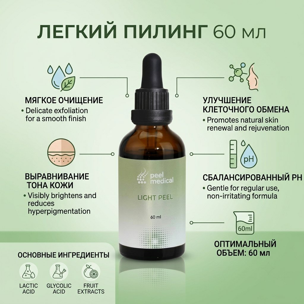 Peel Medical LIGHT PEEL Легкий пилинг для всех типов кожи рН 1,5, 60 мл.