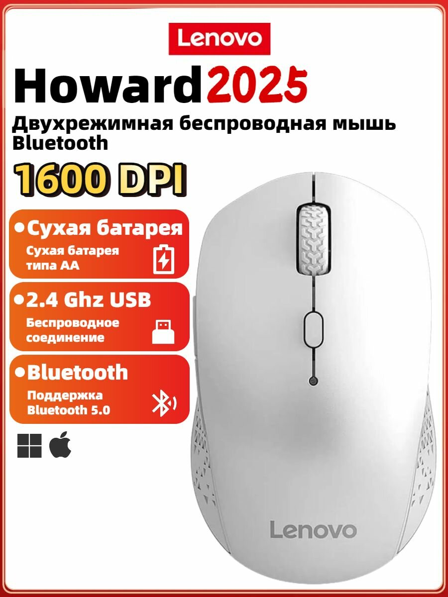 Мышь беспроводная Lenovo Howard 2025, двухрежимная, 1600 dpi, белая