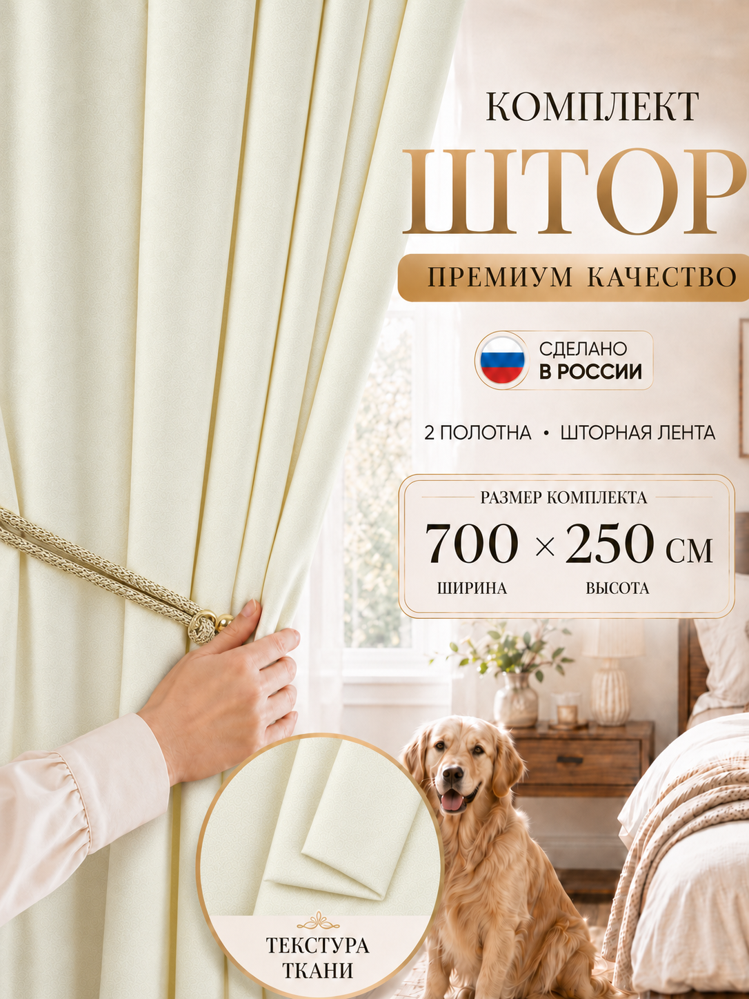 Комплект из двух плотных штор блэкаут Слоновая кость 350x250 для спальни