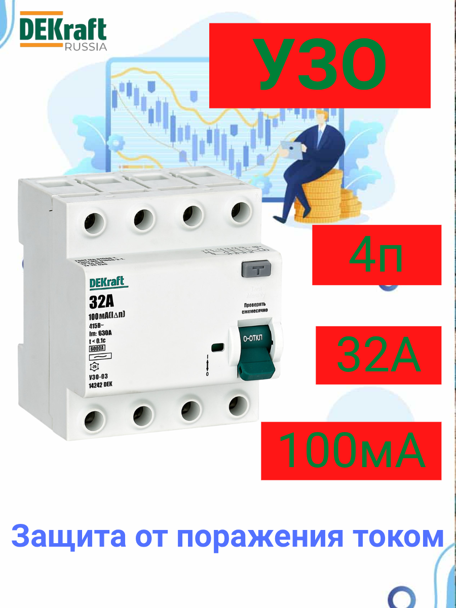 Выключатель дифференциального тока (УЗО) 4п 32А 100мА тип AC 6кА ДЕКрафт