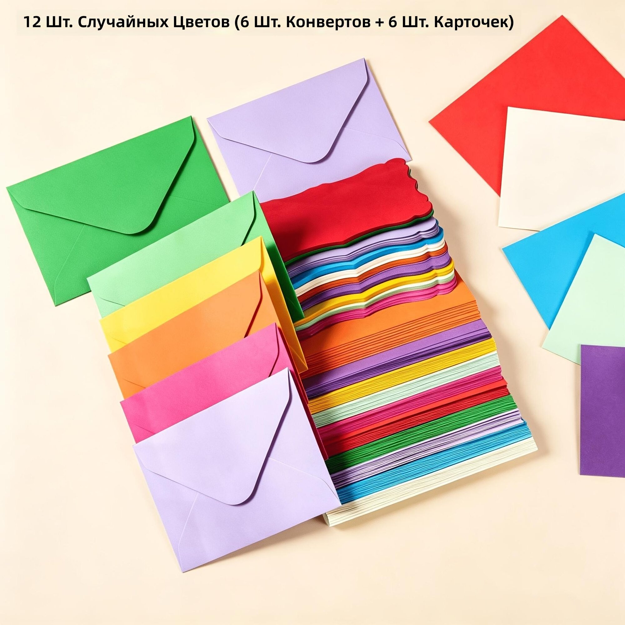 Набор из 12 шт: 6 мини-цветных конвертов в западном стиле + 6 открыток с волнистым краем, случайные цвета, самоклеящиеся