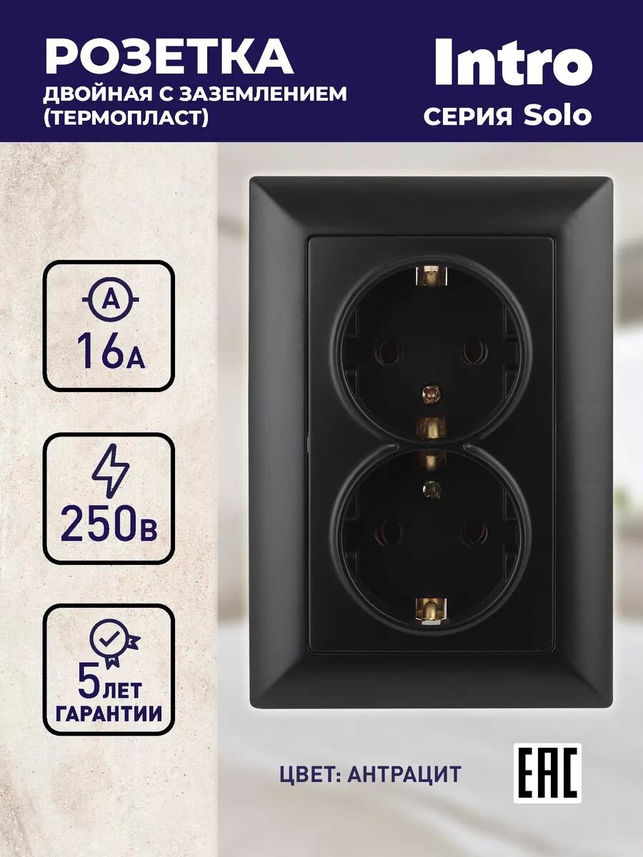 Розетка Intro Solo 4-205-05 с заземлением двойная 2X2P+E Schuko 16А-250В IP20 скрытой установки черный двойная скрытая розетка Schuko 16A