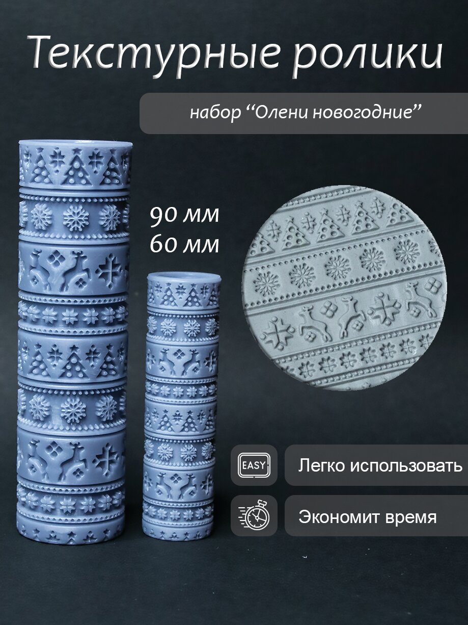 Текстурный , узорчатый , фактурный , рельефный ролик для полимерной глины с узором "Олени новогодние" , микротекстура , микро-ролики для террейна