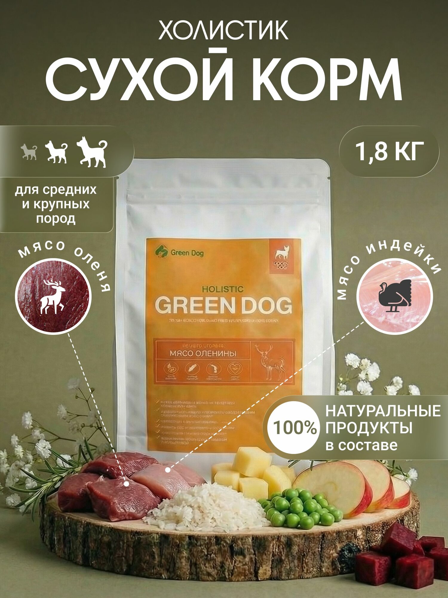 Сухой корм для собак средних и крупных пород холистик гипоаллергенный с олениной 1,8 кг оленина гипоаллергенный холистик