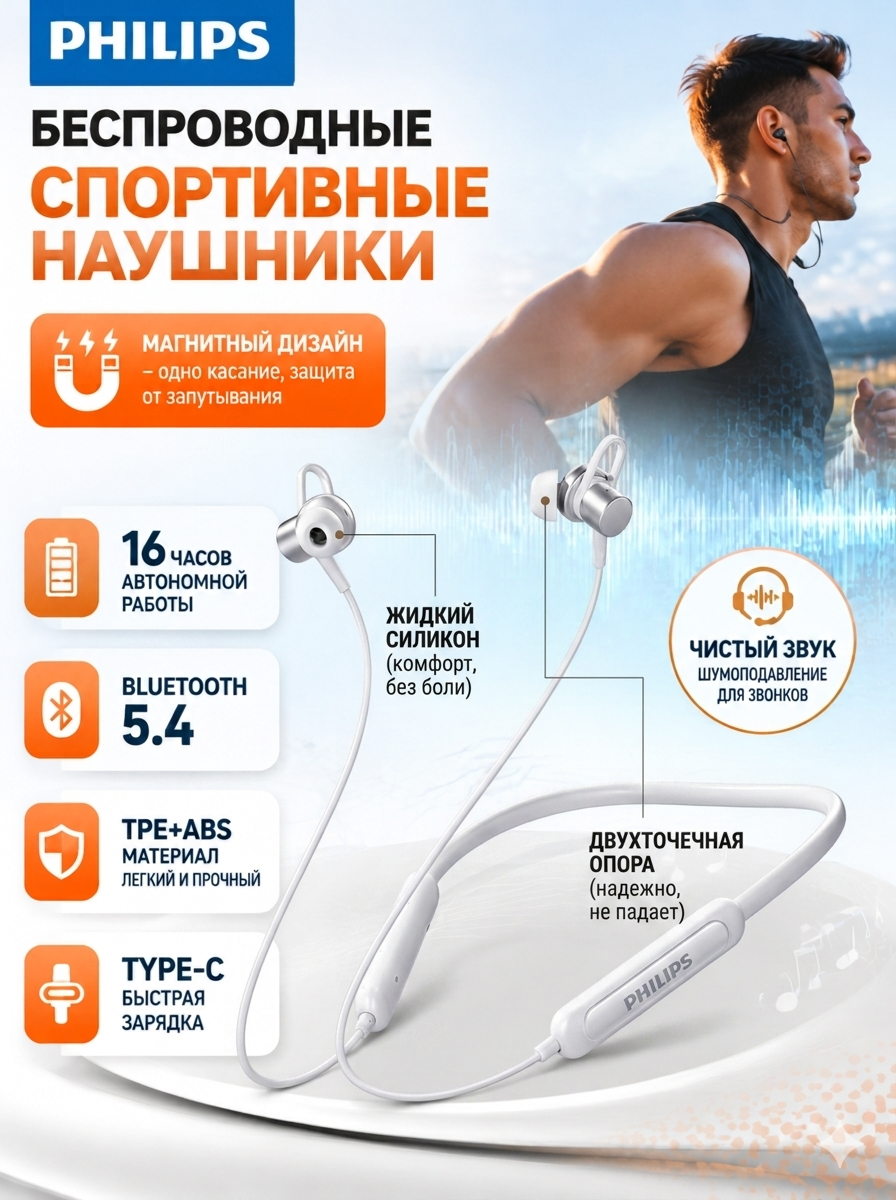 Philips TAN1120 Беспроводные спортивные наушники с шейным ободом Bluetooth‑гарнитура 16 часами работы