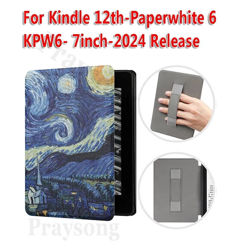 С браслетами Откидной чехол для Kindle Paperwhite 6 KPW6 7-дюймовый смарт автоматический чехол для пробуждения для 2024 года Kindle 12-го поколения, магнитная защита кожи Помощник по легкому чтению