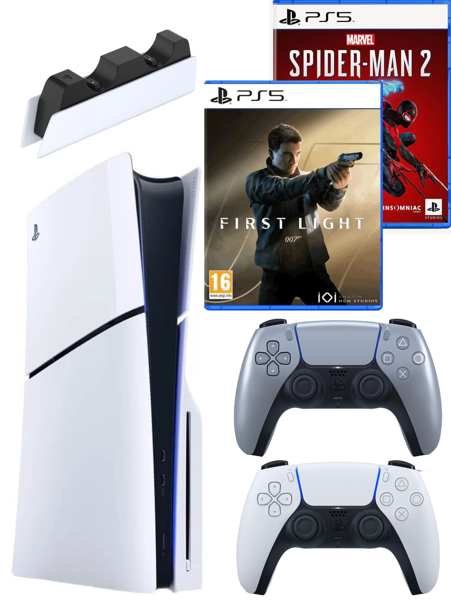 Игровая приставка Sony PS 5 Slim, 1ТБ(с дисководом)+2 геймпад+Зарядная станция+2 игры (First Light 007; Spider-Man 2)