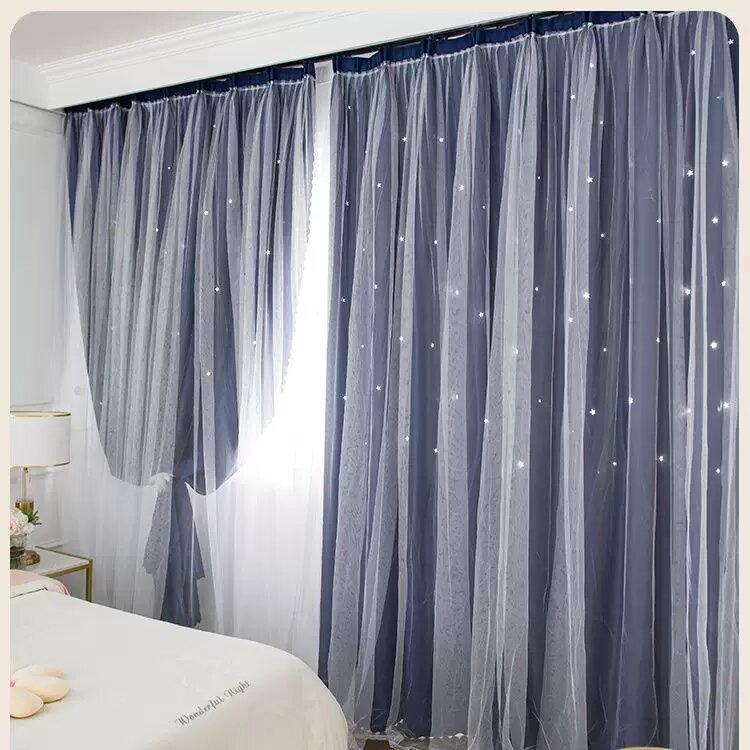 Глубокосиние кружевные шторы с звездами и тюлем, 350x270см, крепление с отверстиями, одна панель