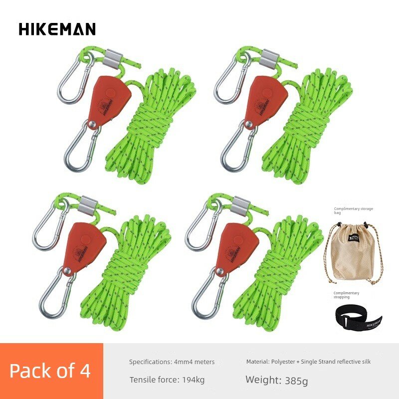 HIKEMAN 4 мм нейлоновая веревка 4 м для кемпинга, регулируемый ветровой натяжитель, 4 шт. в зеленом цвете, легкий