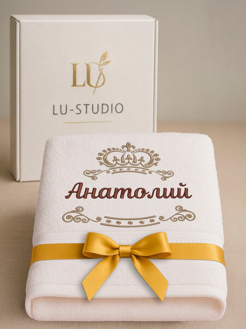 Полотенце Анатолий 70х140 подарок именная вышивка с короной, LU-Studio, белый, 460 г/м², 100% хлопок