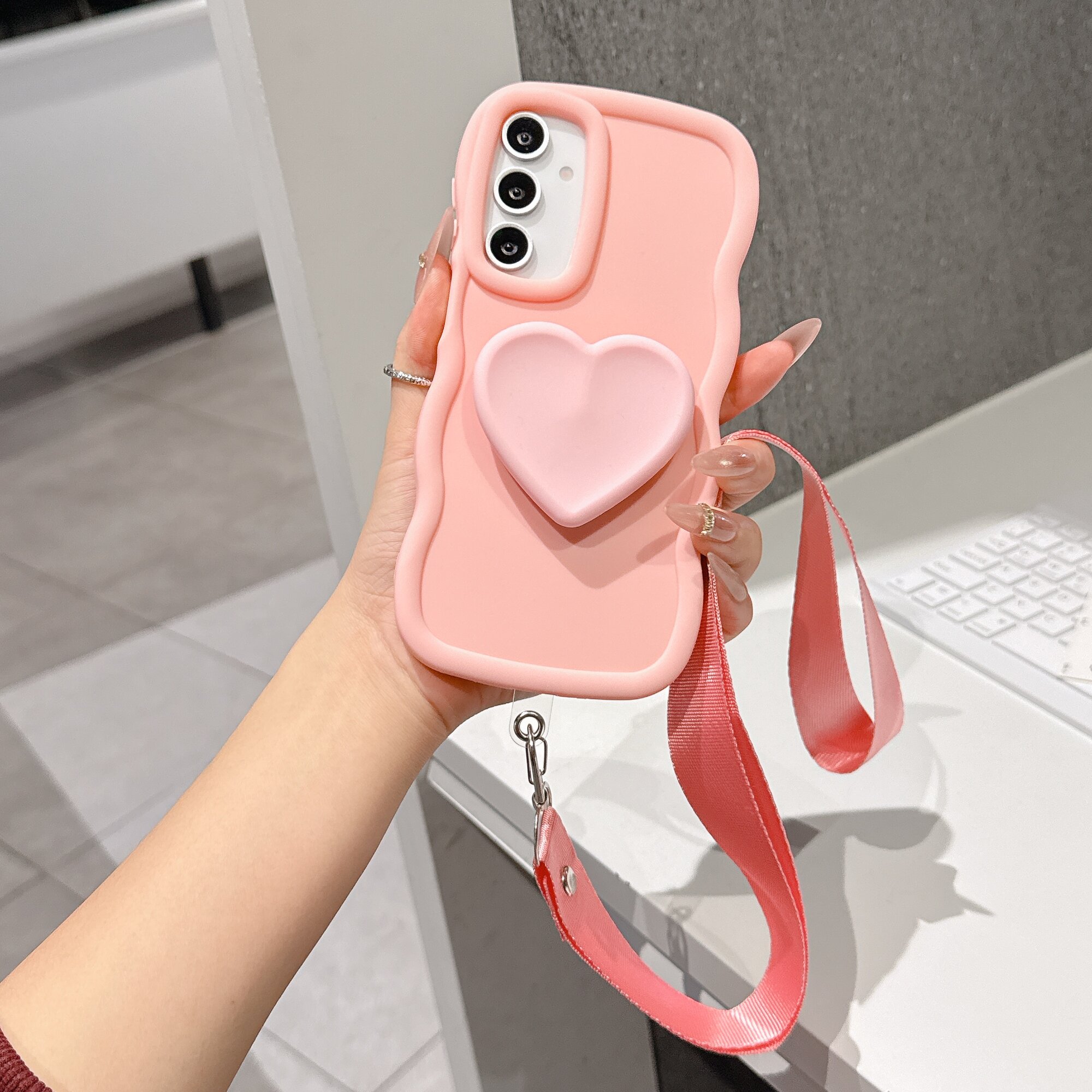 Мягкий матовый чехол для смартфона с 3D большим сердцем и съемным ремешком-ланьярд, розовый, для модели A53 5G