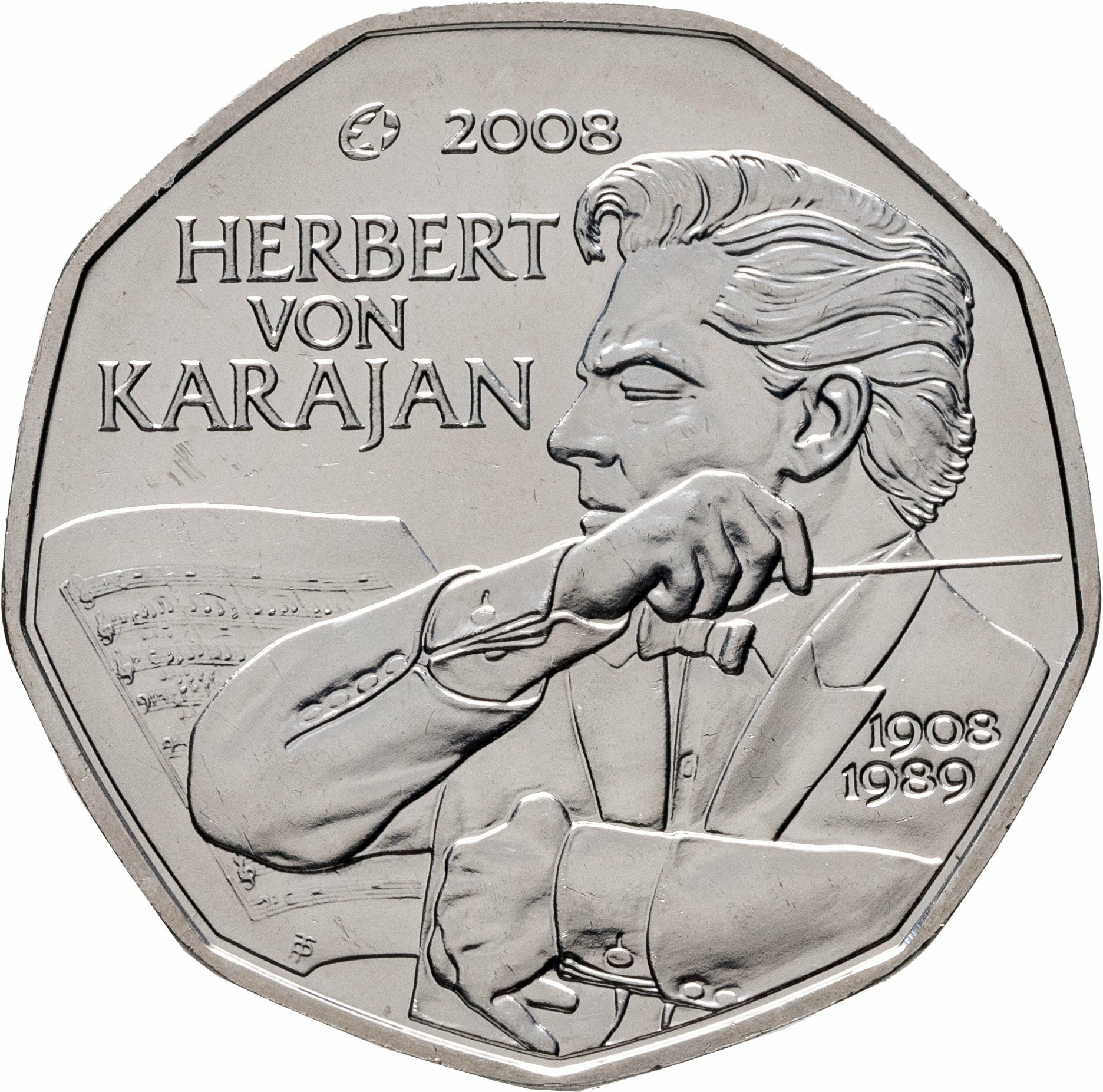 Австрия 5 евро 2008 "Герберт фон Караян", Серебро 800, в сохранности BUNC