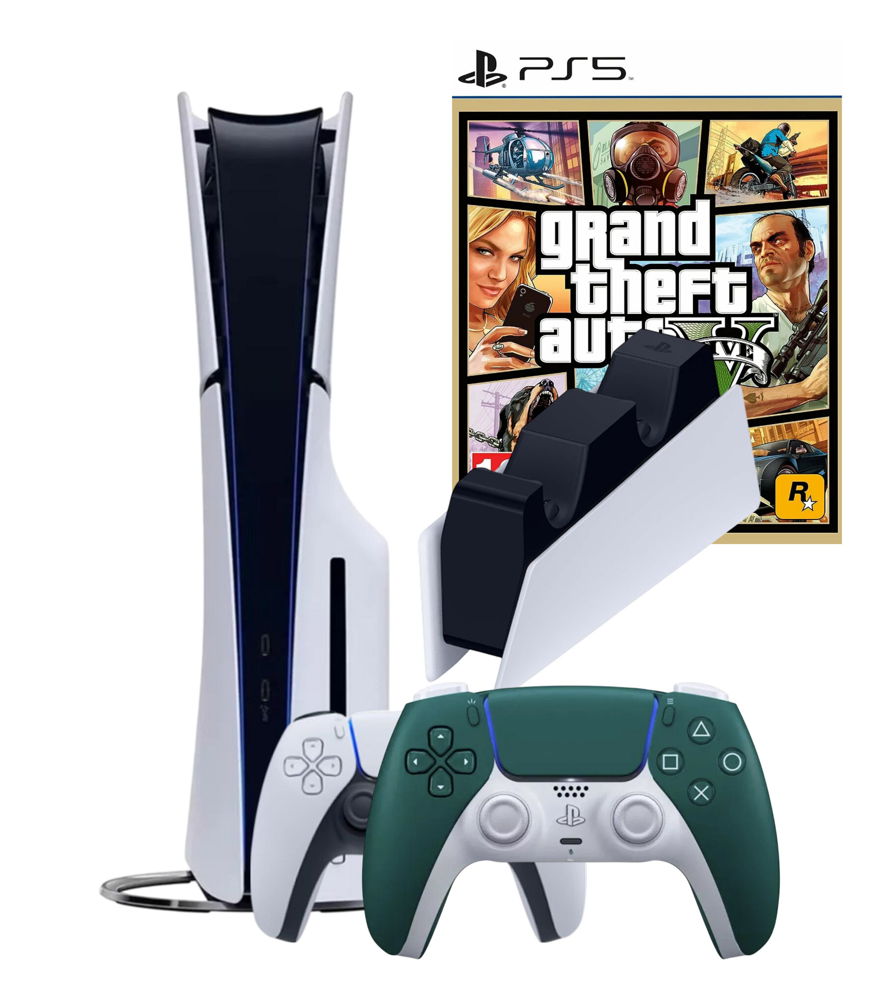 Игровая приставка PlayStation 5 Slim + 2й геймпад альпийский зеленый + игра GTA + станция зарядки