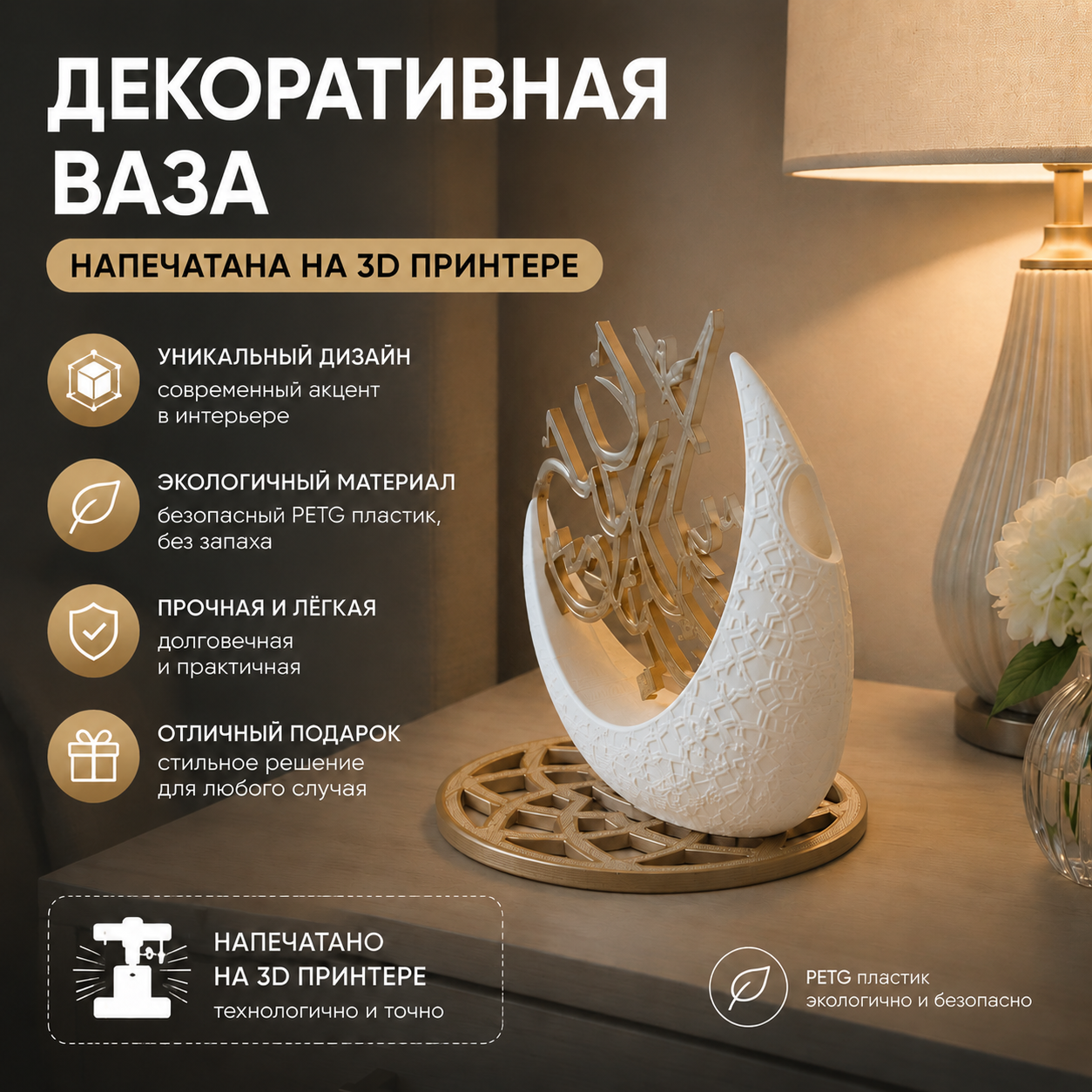 Декоративная ваза с исламской каллиграфией, текст Ид мубарак