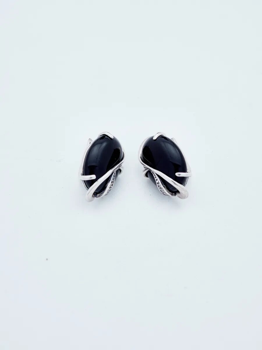 Серьги БРЮС, серебро, 925 проба, оникс, фианит