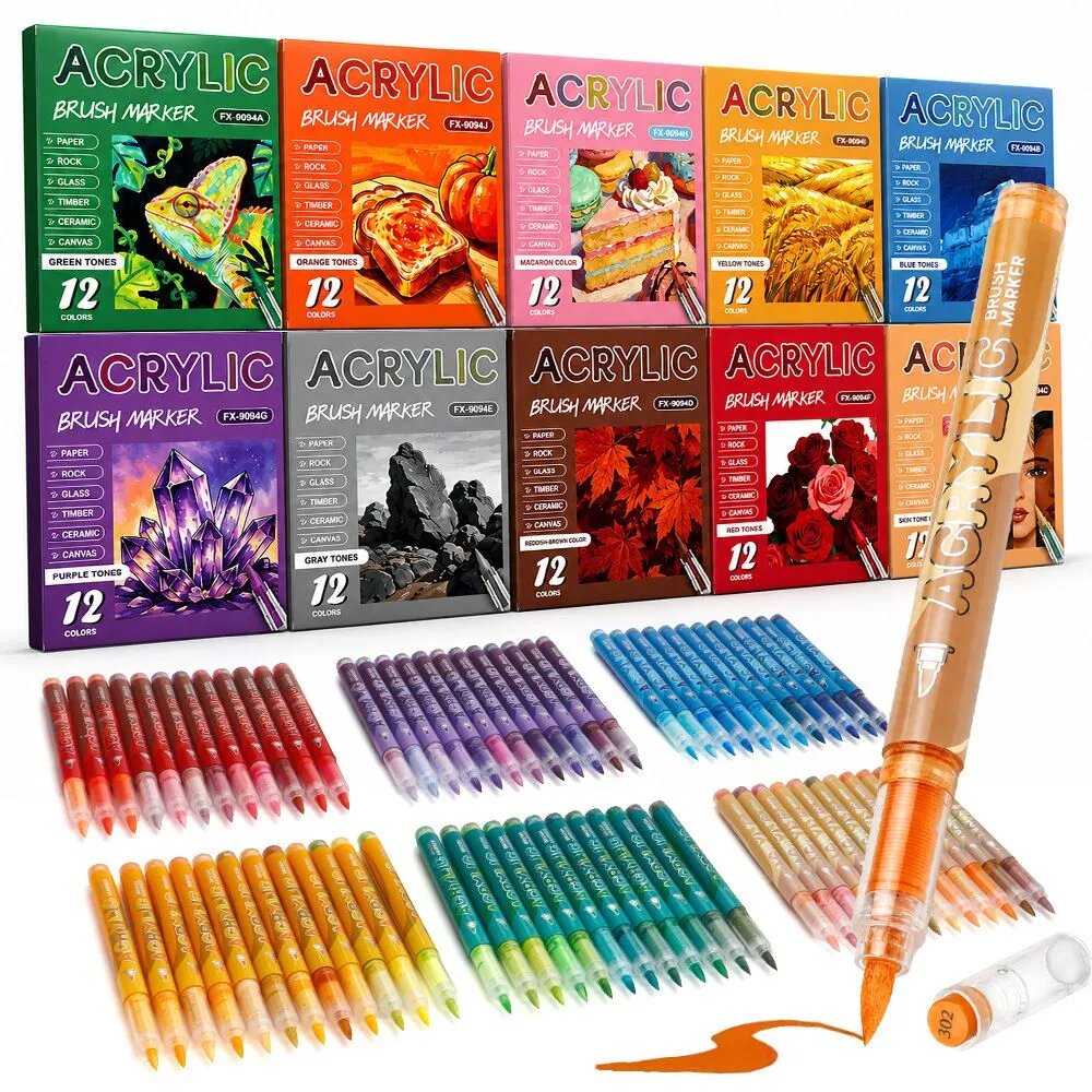 Набор акриловых маркеров Brush Marker FX-9094A, 12 зеленых тонов — фото 1