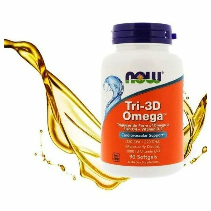 NOW TRI-3D Omega комплекс Омега 3 90 мягких капсул, рыбий жир с EPA и DHA для ежедневного рациона