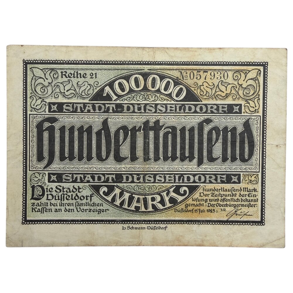 Германия (Веймарская республика) Дюссельдорф 100000 марок 1923 г. (15.07) (ВЗ - Parkett) (Серия 21)