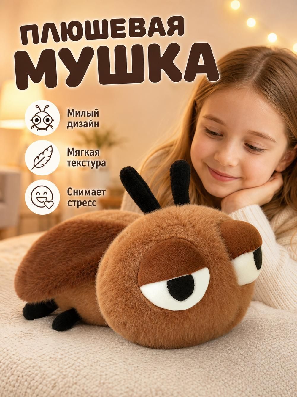 Мягкая игрушка таракан коричневый с усами, 24 см