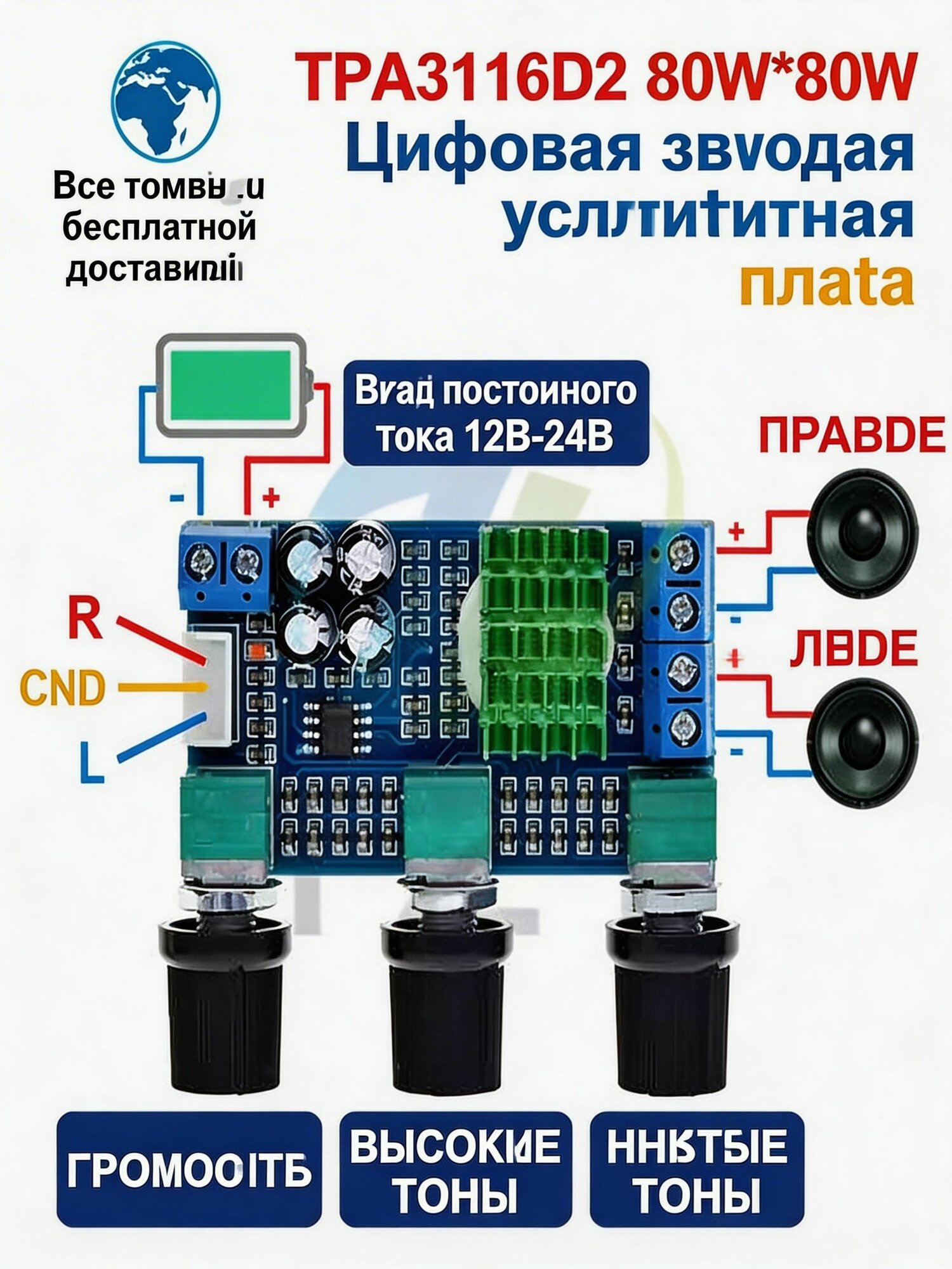 Двухканальный усилитель XH-M567 TPA3116D2 80Вт2 цифровой стерео аудиоусилитель мощности для колонок 2 канала по 80 ватт