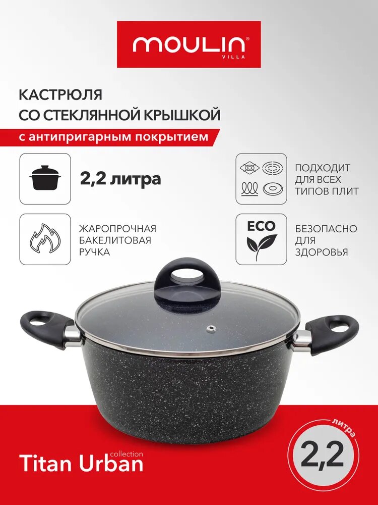 Кастрюля с антипригарным покрытием Moulin Villa Titan Urban 2,2 л, 20 см, со стеклянной крышкой, кованый алюминий, для индукционной плиты, чёрная