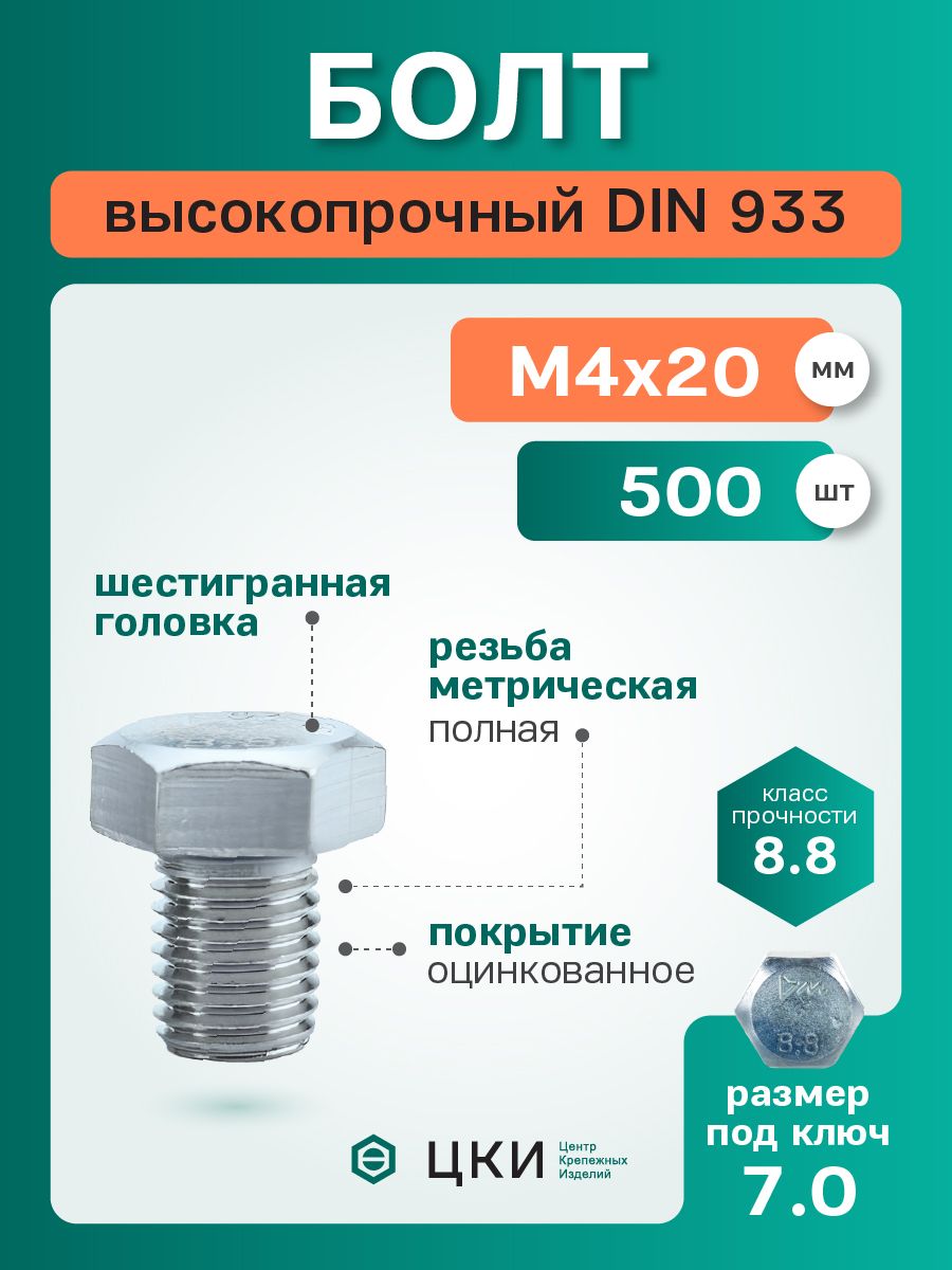 Болт DIN933 М4х20 8.8 ц SW 7.0 (упак 500 шт)