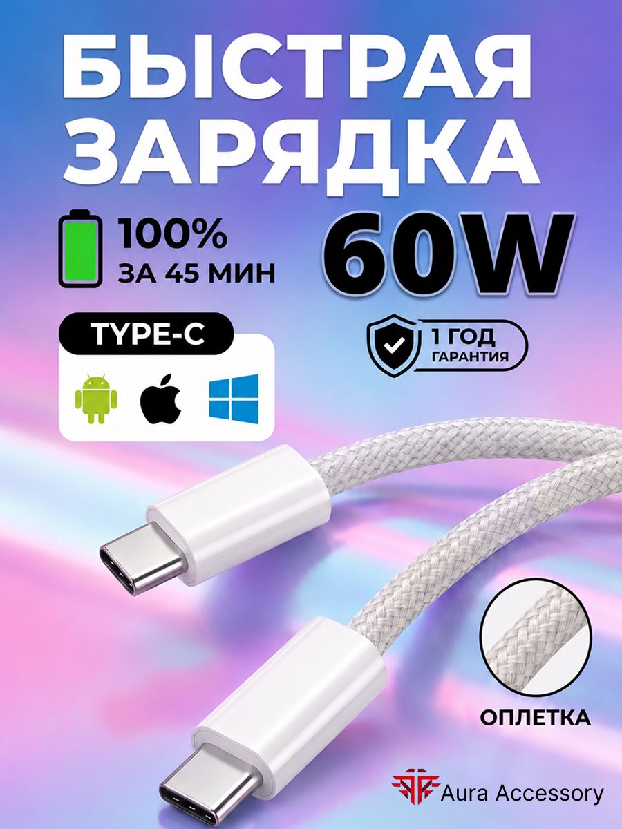 Кабель Type-C Type-C / 60W / 1м / Быстрая зарядка / Провод для зарядки айфона и андроид / тайпси шнур для зарядки телефона IPhone 15/16/17 и Android