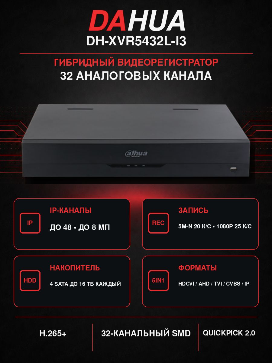 Dahua DH-XVR5432L-I3 - гибридный TVI-видеорегистратор, запись до 8 Мп