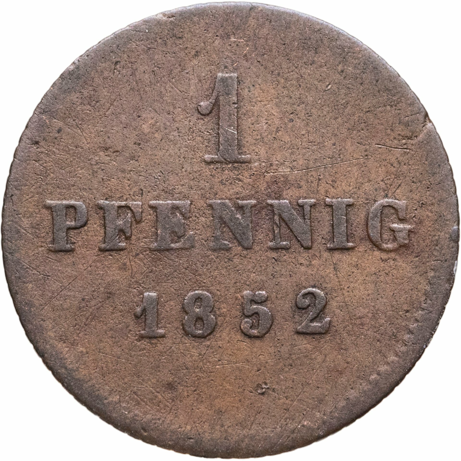 Бавария 1 пфенниг 1852, Медь, в сохранности F-VF