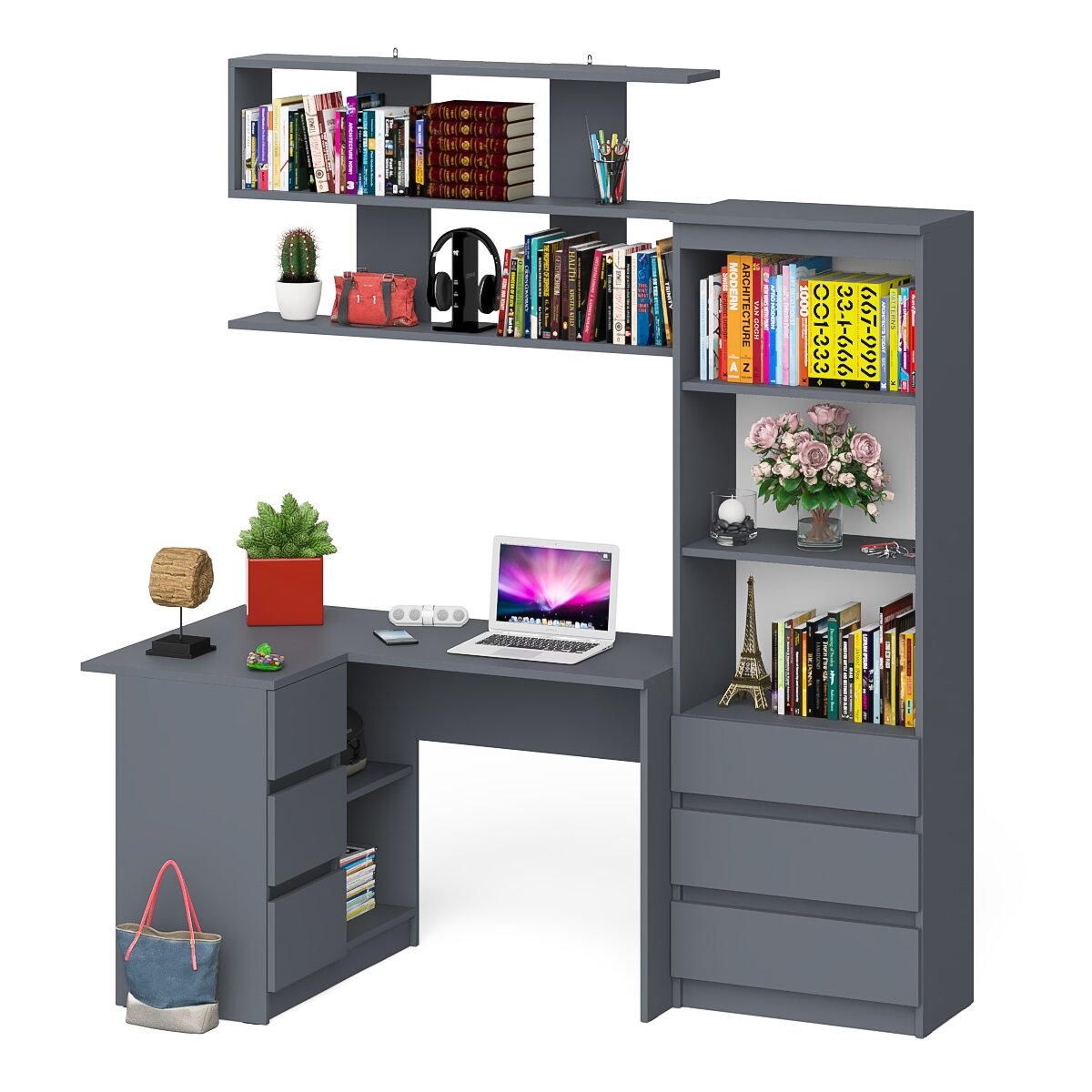 Уголок школьника с угловым столом и полкой и стелажом Мори, графит, 184,8х84,9х209,6 см.