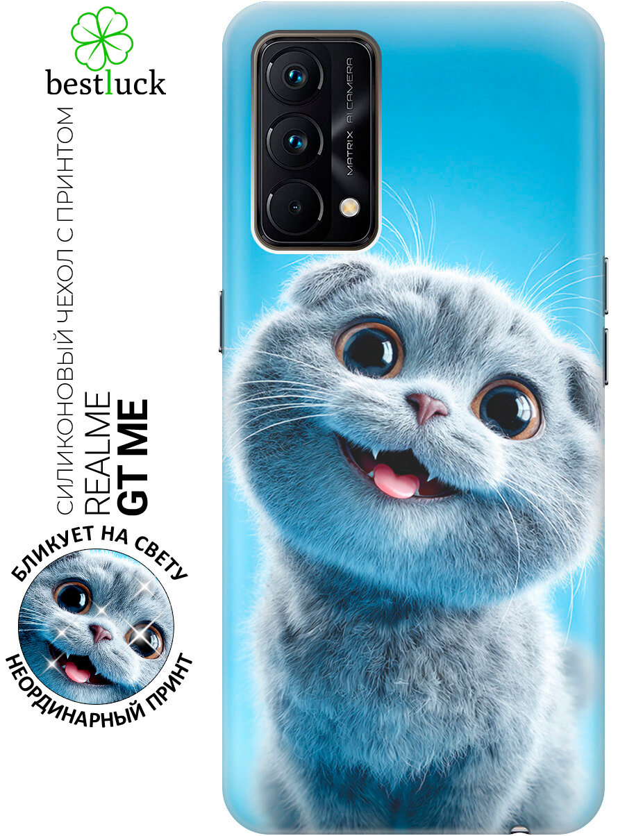Силиконовый чехол на Realme GT Master Edition с принтом "Серый котик на голубом"