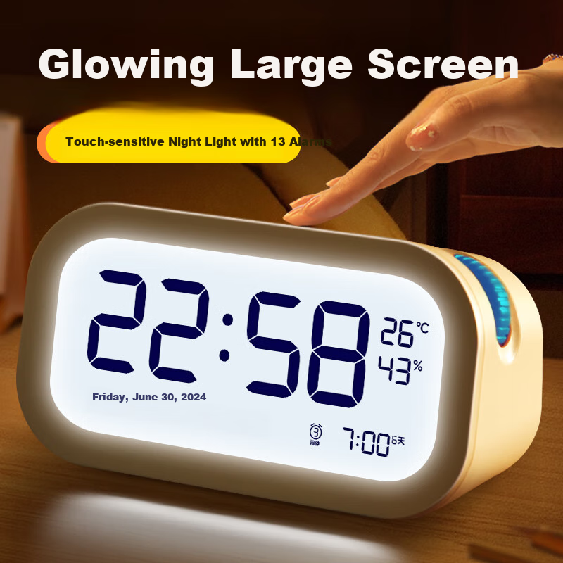 Mashi Alarm Clock Student Night Light LCD Large Screen Large Volume Temperature and Humidity Display LED Smart Wake-up Special Artifact Back to School Essential Electronic Clock Milky White Blue