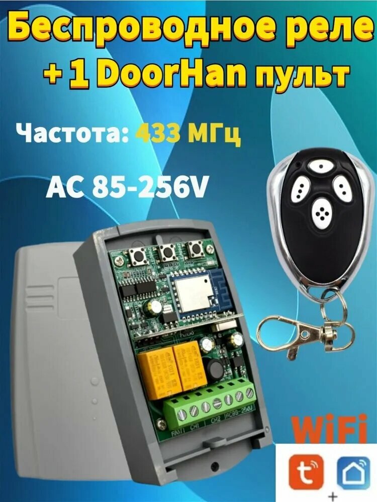 Двух канальное радиоуправляемое реле 220В 10А 433МГц. Радиореле для ворот, шлагбаумов. Дистанционный выключатель. Беспроводной переключатель. + два пульта