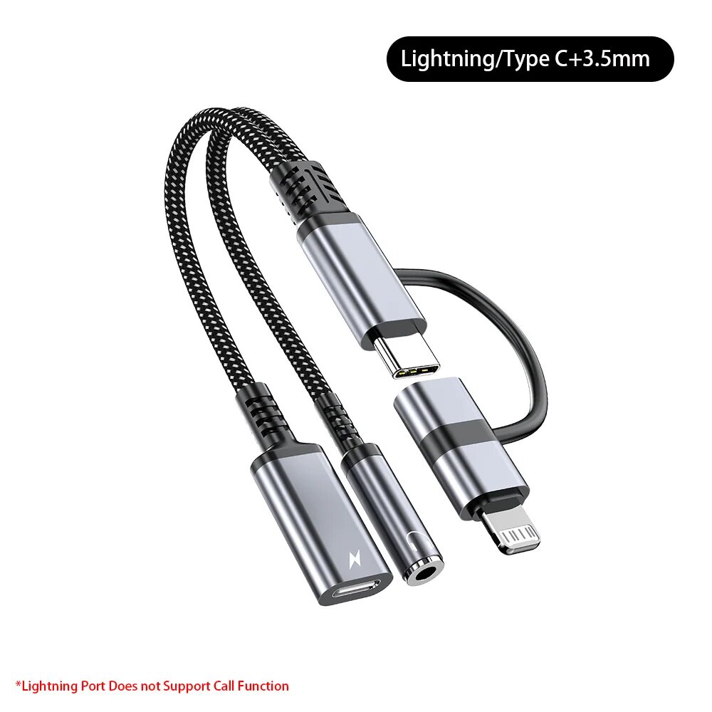 2 в 1 Lightning/USB Type C на разъем 3,5 мм для наушников с зарядным аудио Aux-адаптером для iPhone 16 15 iPad Samsung Xiaomi