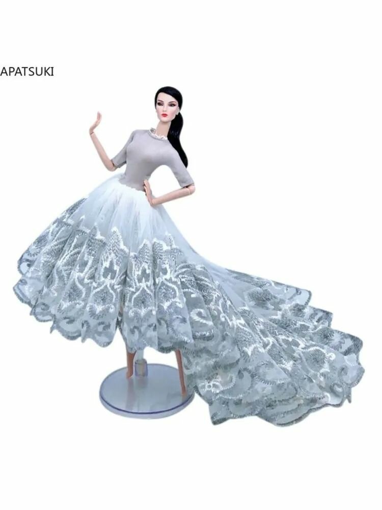 Серебряная вышивка длинный хвост свадебное платье для куклы барби