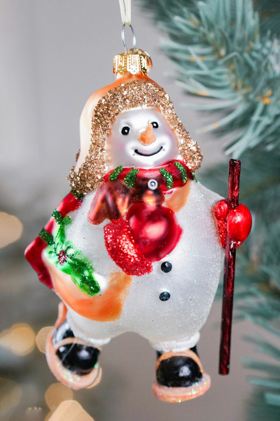 Ёлочная игрушка снеговичок С посохом, стекло, 12 см, Винтер Деко (Winter Deco) 5030105