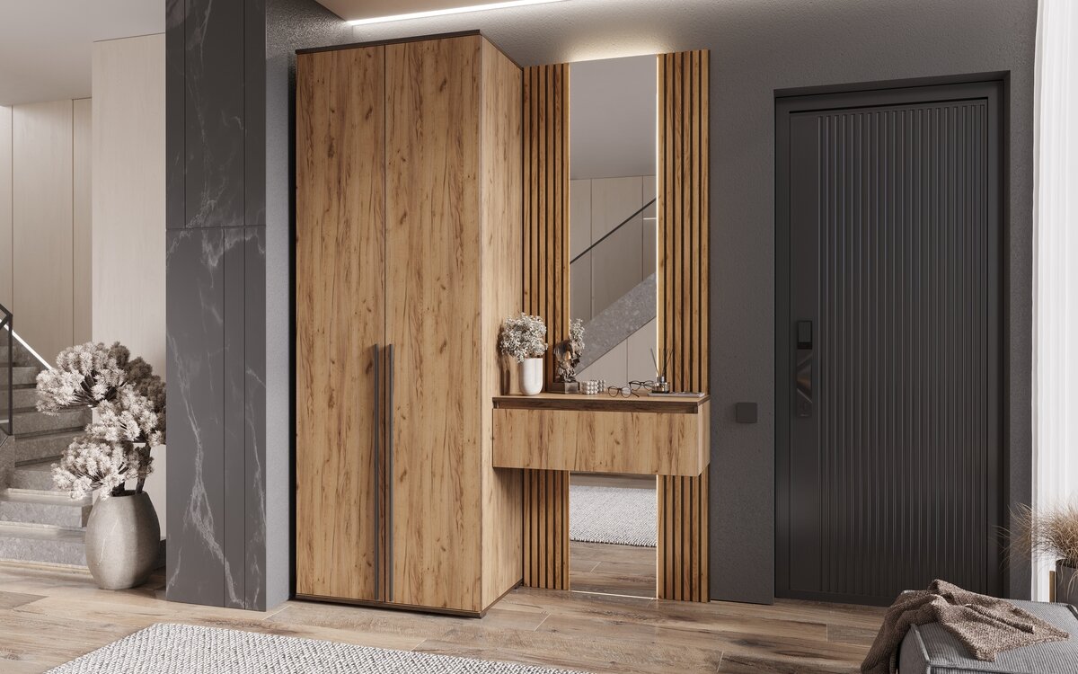 Комплект мебели для прихожей Норд (1600х2236х510) Дуб Крафт, с зеркалом, с тумбой