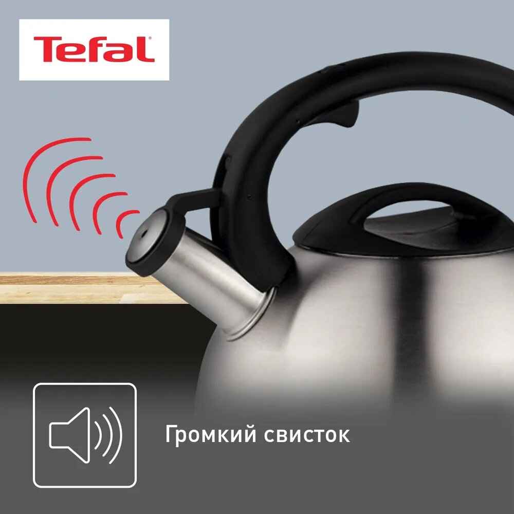 Tefal Чайник для плиты со свистком Kettle 2,5 л, 2.5 л, из нержавеющей стали, черный — фото 1