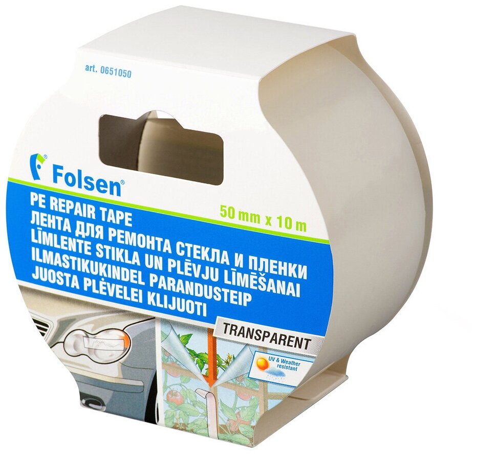 Лента клейкая ремонтная для стекла и пленки Folsen полипропилен прозрачная 50 мм 10 м