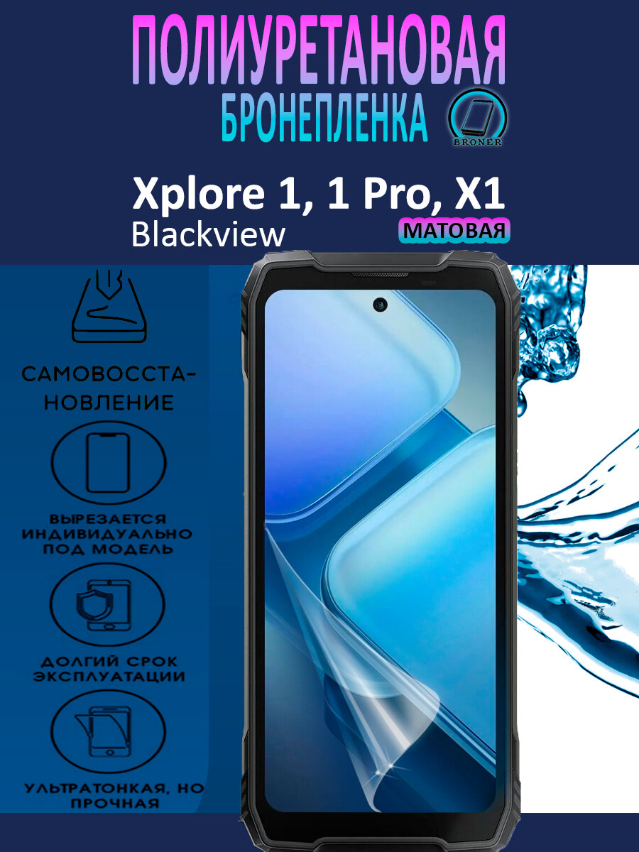 Полиуретановая бронепленка для Blackview Xplore 1, 1 Pro, X1 / Защитная плёнка на экран, совместима с чехлом, с вырезом под камеру / Матовая