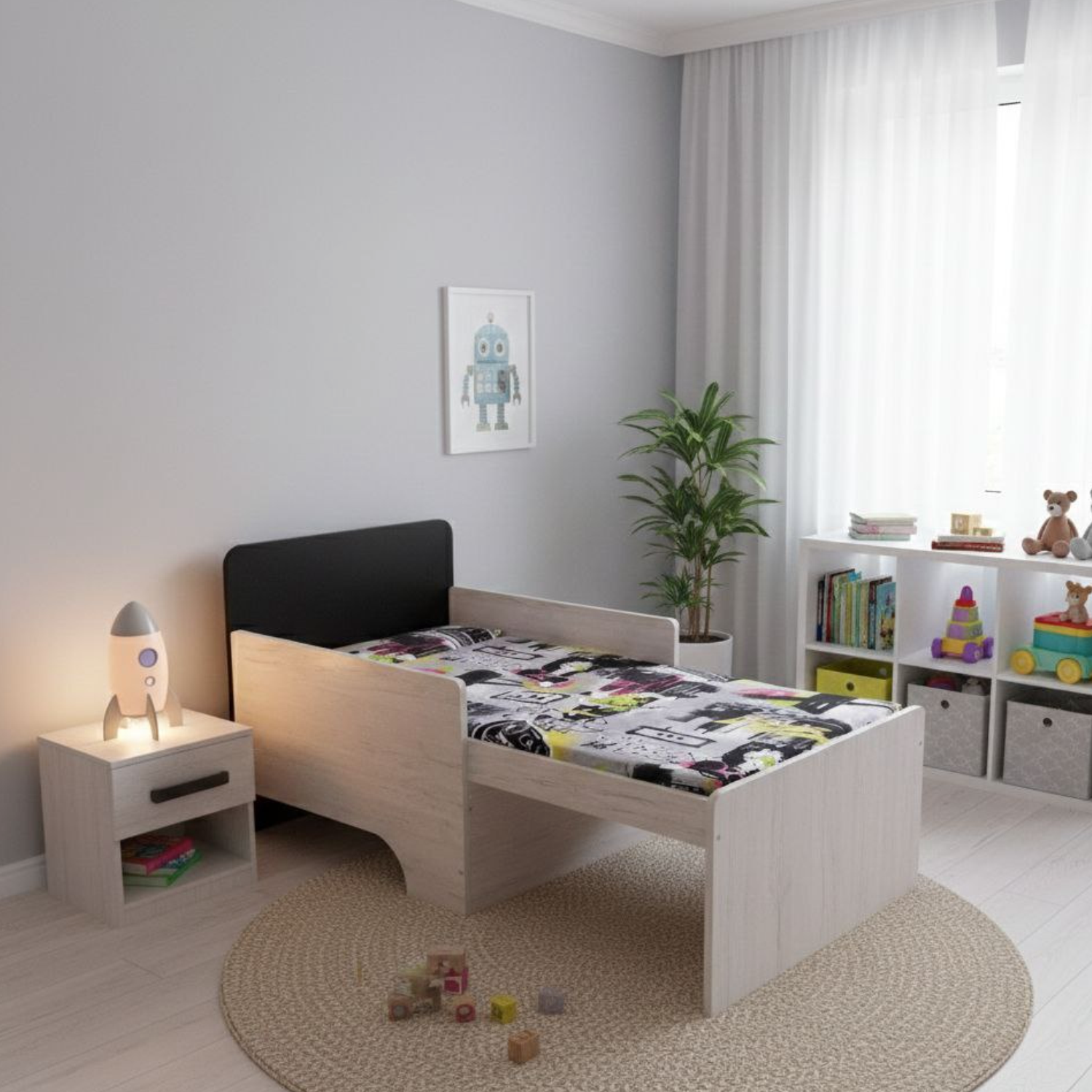 Кровать Вырастайка 600х1000/1200/1400/1600 с матрацем, ЛДСП Крафт белый/Черный