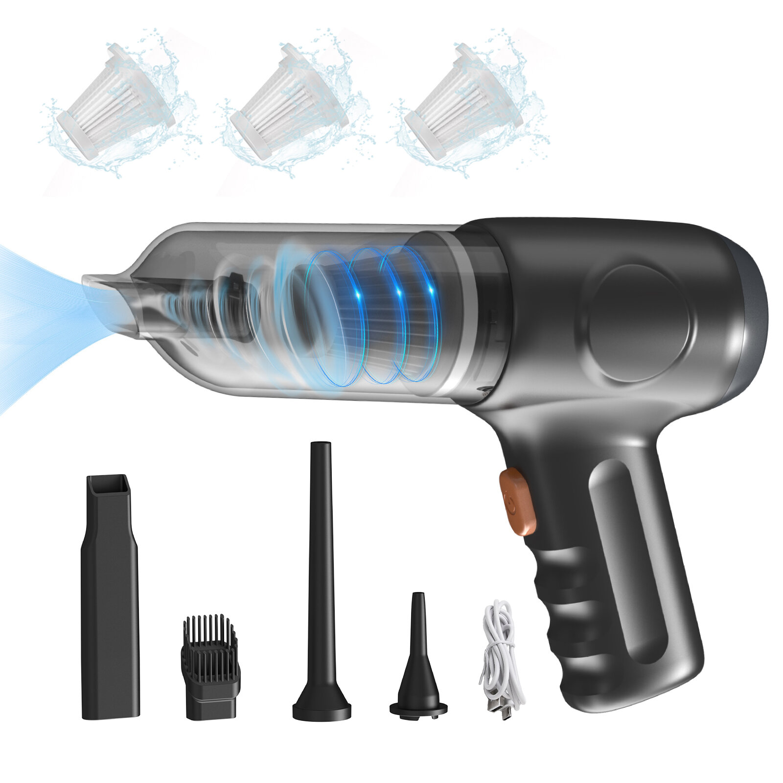 Портативный беспроводной пылесос ручной многофункциональный мини автомобильный пылесос 3в1 12000PA высокая мощность бесщеточный мотор пылесосный дутьевой надувной для автомобиля дома надувного кольца воздуха черный ABS 220*65*160mm 200ml 7.4V 2500mAh 40W