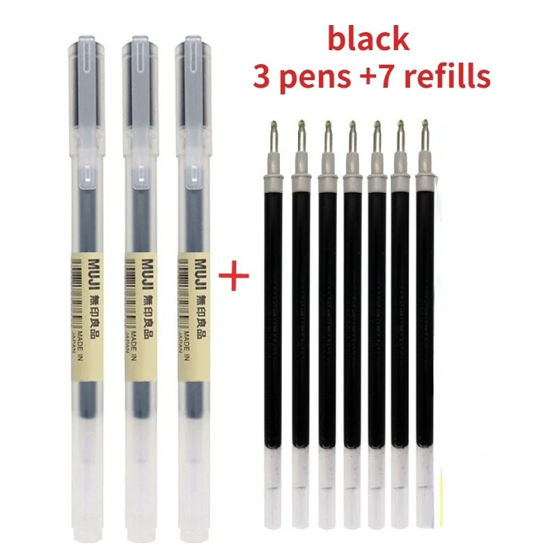 Гелевые ручки MUJI набор 10 штук Черный, 0.38mm, black 3pen 7refill