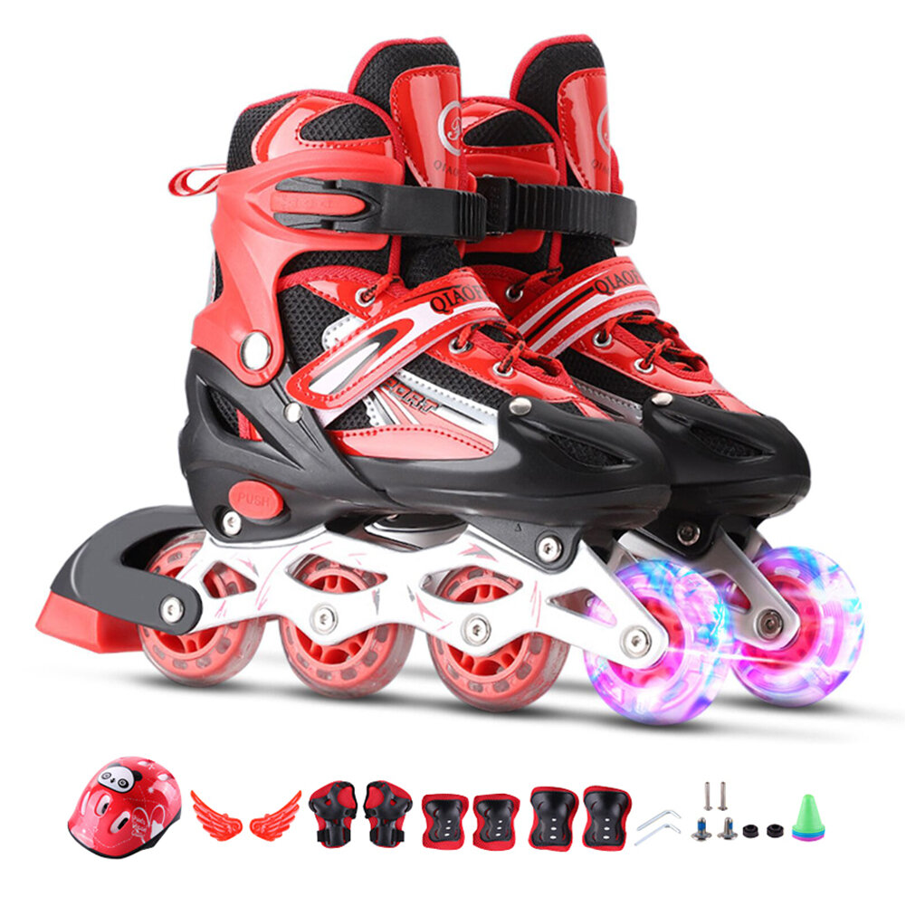 Ролики для детей подвижные с подсветкой комплект с шлемом защитными принадлежностями баррикадами гаечкой для мальчиков девочек новичков для улицы и дома Розовый Синий Красный Фиолетовый Размер S(27-33) M(33-37) L(37-41)