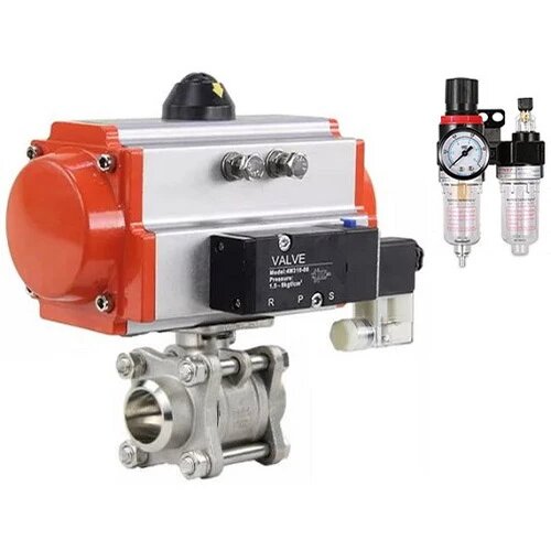 Кран шаровой DN.ru кшпп 316.200-ISO Ду25 Ру63, полнопроходной под приварку, нержавеющая сталь SS316, уплотнение - PTFE, с пневмоприводом DA-052 двойного действия, с пневмораспределителем PND2-S1EM-52-1NC-J08-220VAC, с БПВ APU1-10-40-V08